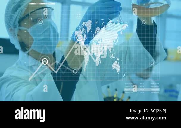 Raising flask and petri dish, lab researcher overlaying world map ...