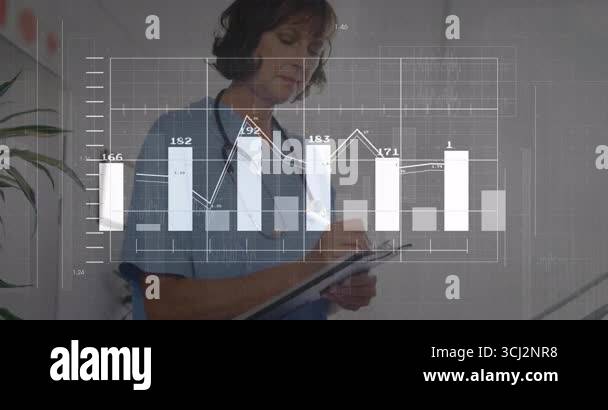 Nurse reading patient data on clipboard while animated health charts ...