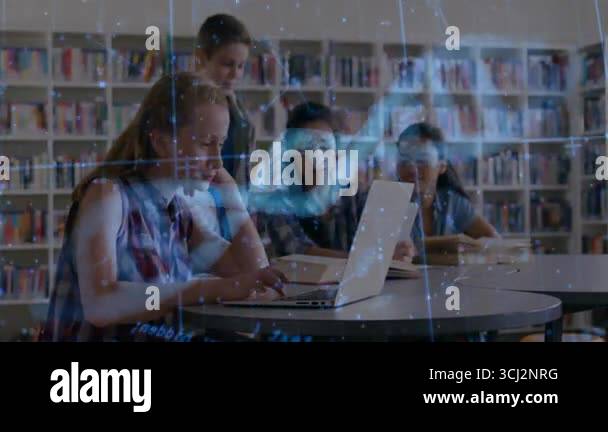 Schoolgirl opening laptop initiating code overlay, teen guiding peers working on school ...