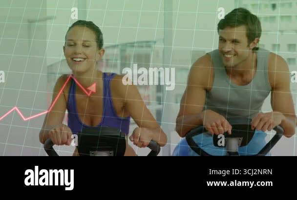 workout partners cycling, high-fiving as rising pink line graph ...