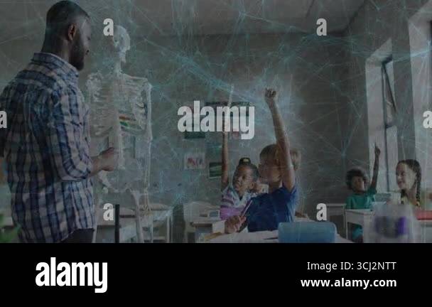 Teacher teaching anatomy with skeleton pointing ribcage, students ...