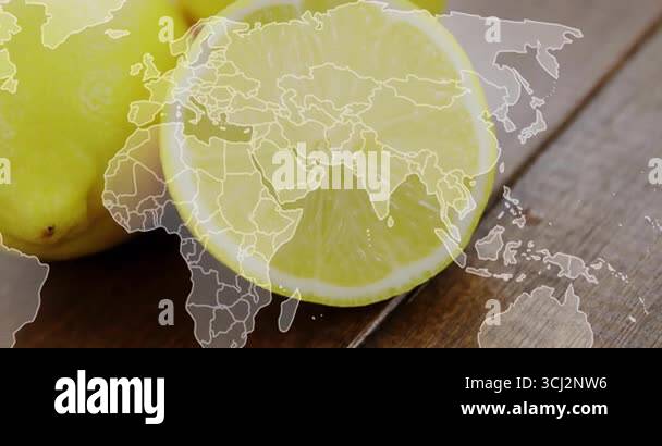 Opening showing lemons resting on wood as map outline fading tracing ...