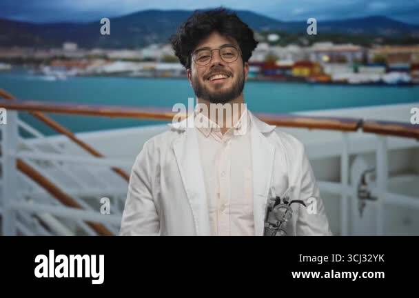 Young man with beard wearing glasses and lab coat laughing on cruise ...