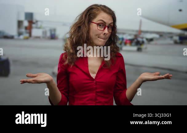 Woman shrugging in red shirt at bustling airport terminal with airplane ...