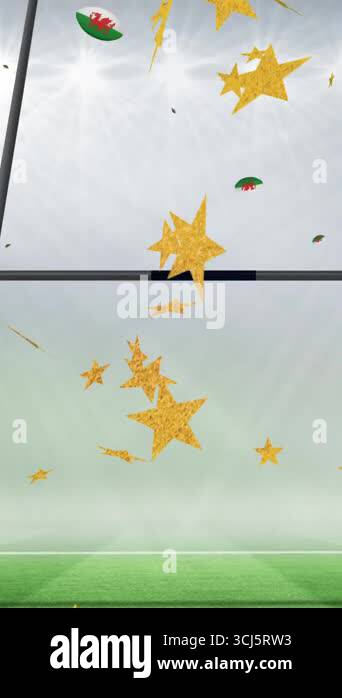 Animation of stars over rugby balls coloured with wales flag falling at ...