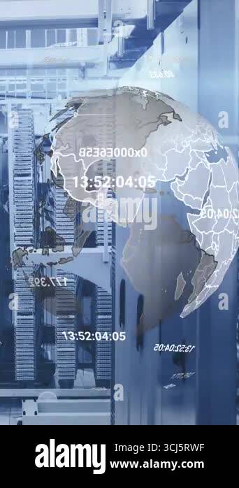Animation of globe and data processing over computer servers. Global networks, business, finance ...