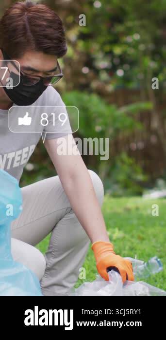 Animation of social media icons and numbers over asian family cleaning ...