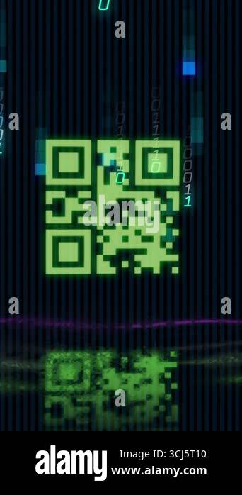 Animation of qr code and binary coding digital data processing. Global cyber security ...