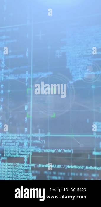 Animation of scope scanning over network of profile icons and data processing against blue sky ...