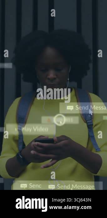 Notifications and social media interactions animation over woman using ...