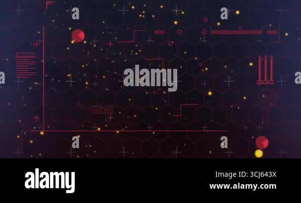 After navy backdrop showing hex grid animating golden sparks drifting elements pulsing into loop ...