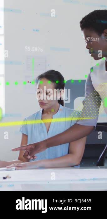 Animation of data processing over diverse business people talking in ...