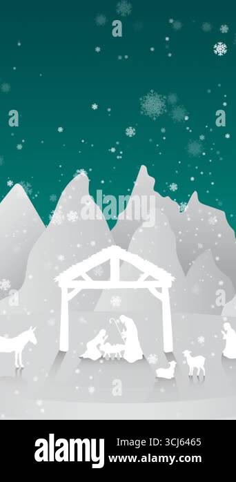 Animation of white christmas snowflakes falling white nativity scene ...