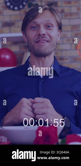 Animation of icons and camera recording screen over caucasian man ...