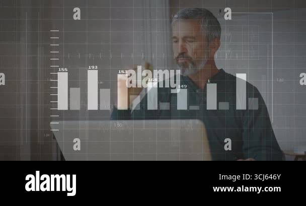 Male analyst biting pastry causing finance data analysis with evolving ...