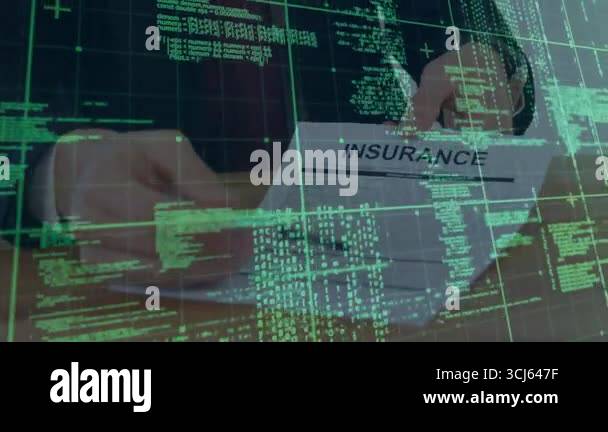 Green code grid revealing suited hands signing insurance document for ...