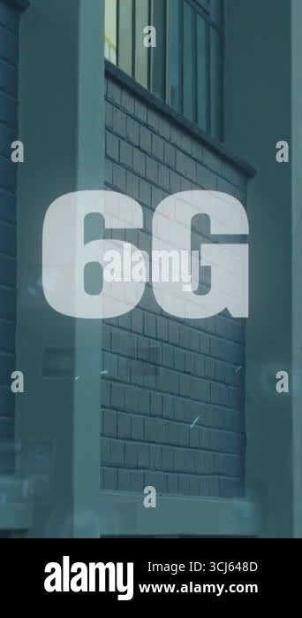 Animation of 6g text, data processing and scopes scanning on screens over building. global ...