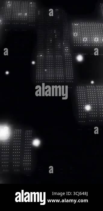 Digital data processing animation over glowing circuit boards in dark background. Technology ...