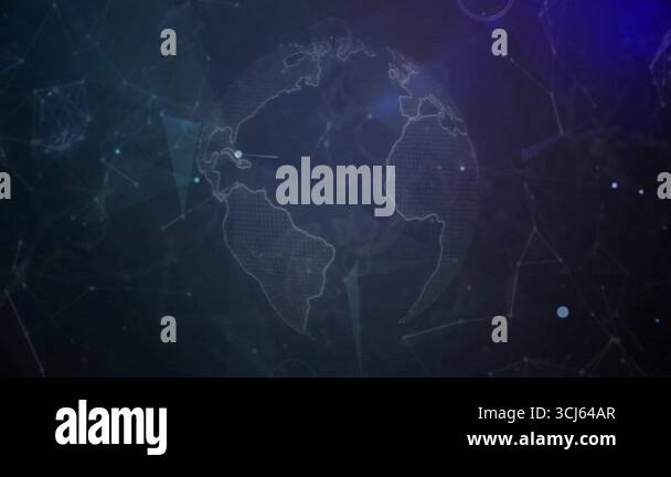 Particles starting wireframe globe emerging rotating and linking nodes while showing data ...