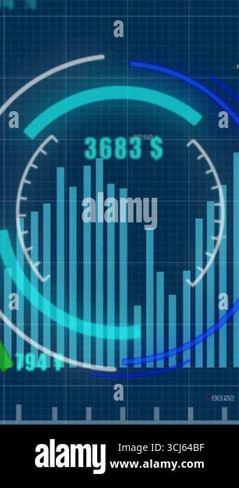 Animation of round scanner over statistical data processing against blue background. Computer ...
