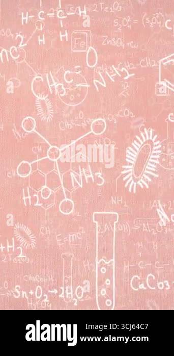 Animation of science concept icons and formulas against pink gradient ...