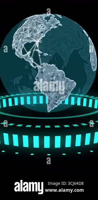 Animation of data processing over globe. Global artificial intelligence, connections, computing ...