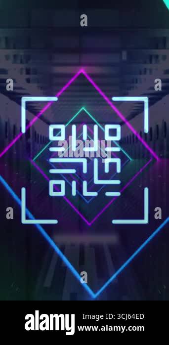 Animation of qr code, neon lines, data processing over servers. Global online security ...