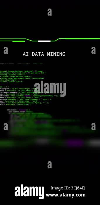 Animation of interface with ai data mining text, processing on black background. Connection ...