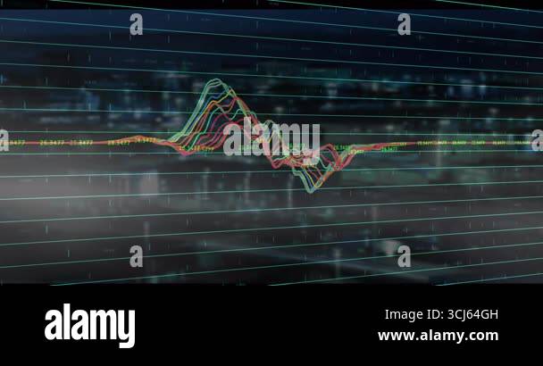 Opening grid waveform rippling shifting multicolor peaks updating data ...