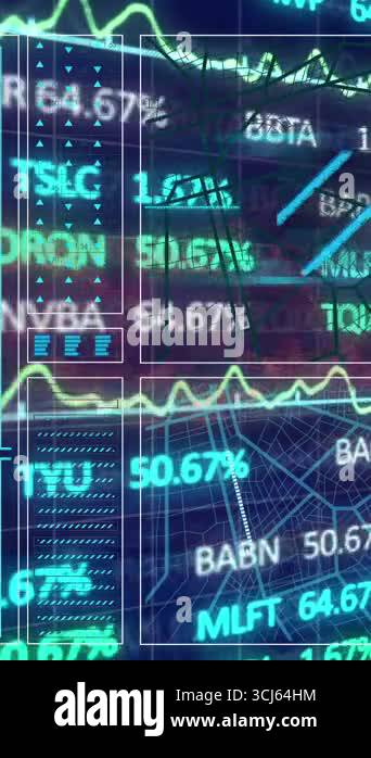 Animation of trading board over graph, loading circles, navigation pattern and lines. Digitally ...