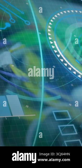 Animation of 5g text, scopes scanning and data processing over server. Global connections, data ...