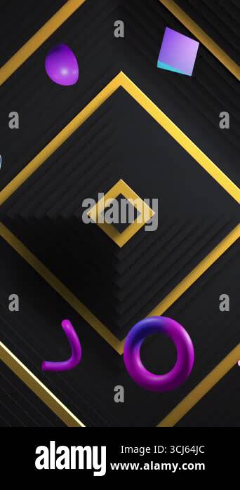 Blue and purple 3d shapes rotating over gold square outlines on black ...
