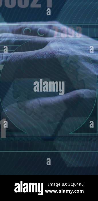 Multiple changing numbers over digital interface against human hand ...