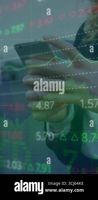 Animation of trading board, trading board, caucasian woman typing on ...