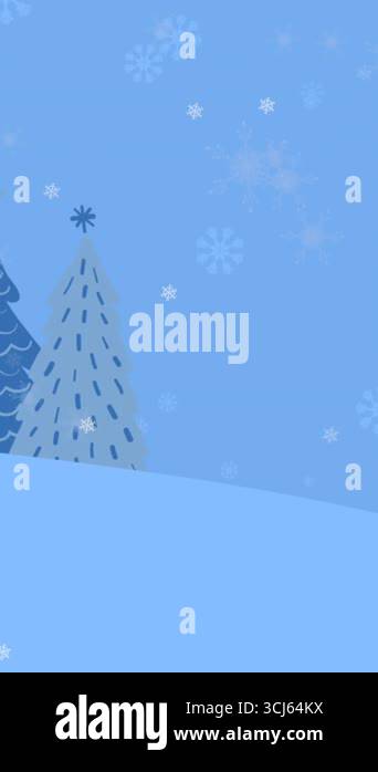 Animation of snowflake icons falling over trees on winter landscape ...