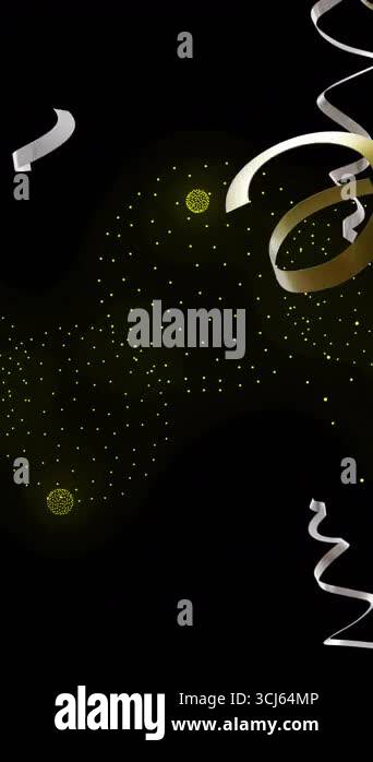 Animation of party streamers and fireworks on black background. New ...
