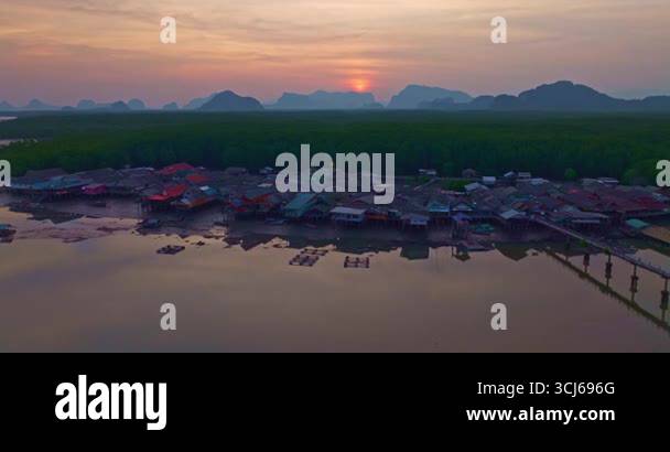 Aerial view of scenery sky reflection at Bang Phat fishing village at ...