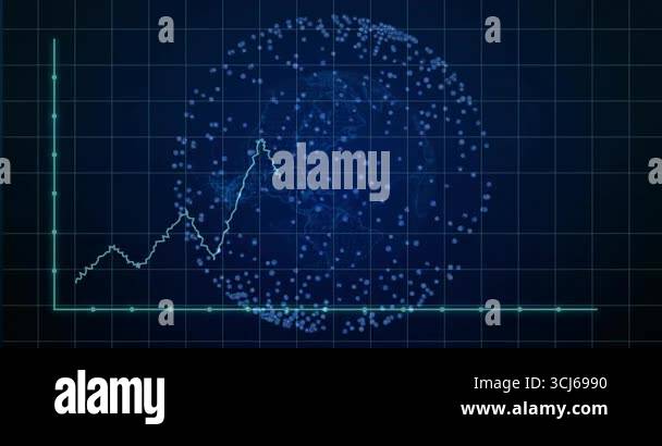 Animated light-blue graph line emerging from left axis and oscillating on grid showing data ...