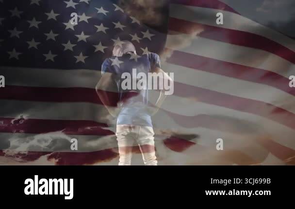 Football player materializing helmet onto head, in jersey showing ...