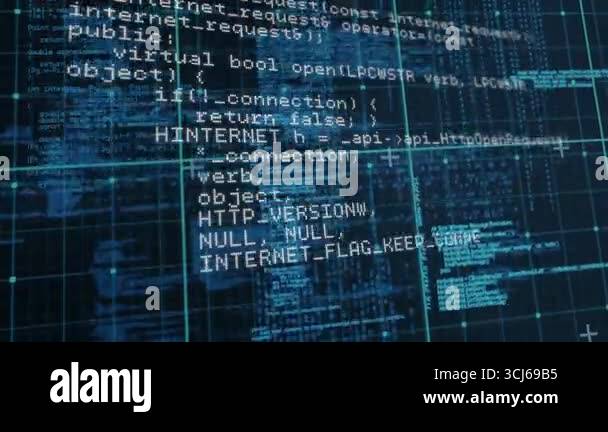 Opening C++ code scrolling upward on grid visualizing networking and ...