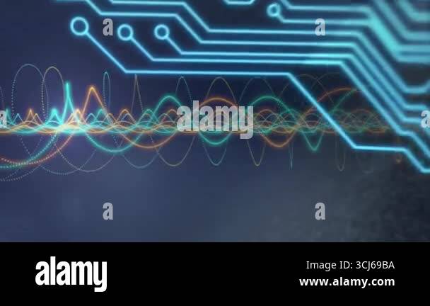 Waveforms appearing then circuit-trace gliding, pulsing and retracting ...