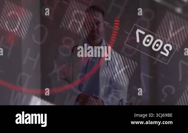 Clip starting doctor in office while health data graphics rotating ...