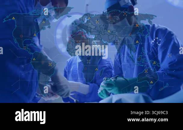 Surgeons adjusting headlamp initiating world map data overlay while ...