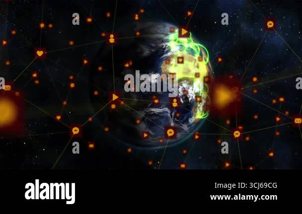 Icons appearing around rotating 3D globe, nodes connecting, green arcs tracing flow through ...