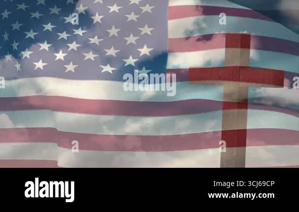 Breeze shifting, causing US flag rippling over cross with floating ...