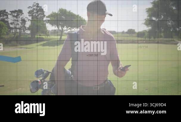 man lifting phone in fairway using tech activating grid and line graphs ...