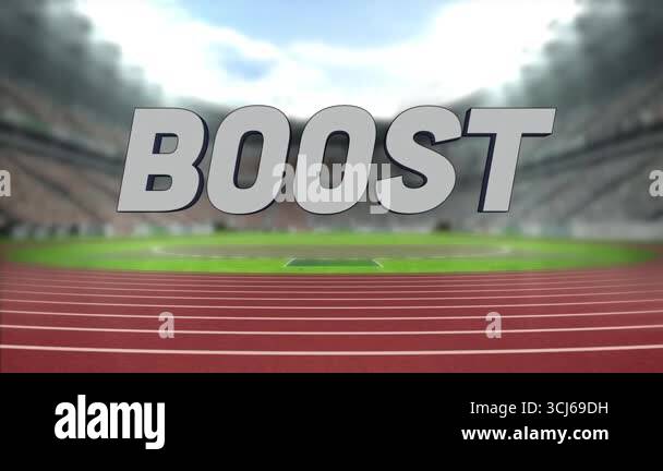 Fade-in initiating metallic BOOST text zooming and rotating in ...