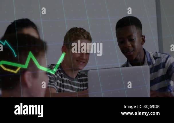 Group of four students opening laptop and analyzing project data with ...