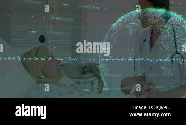Doctor entering clinic and starting ultrasound scan while digital data ...