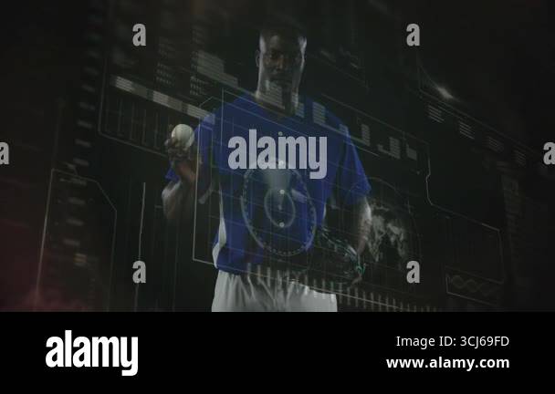 Baseball player activating data grid tossing ball with glove while tech gauges morphing world ...